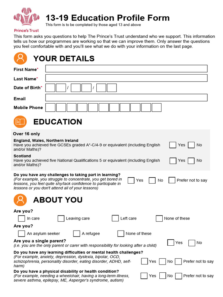 13-19+Education+Profile+Form Fully Editable | PDF | Mental Disorder ...