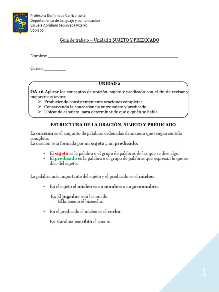 Guia 7° SUJETO Y PREDICADO | PDF | Asunto (gramática) | Objeto (gramática)