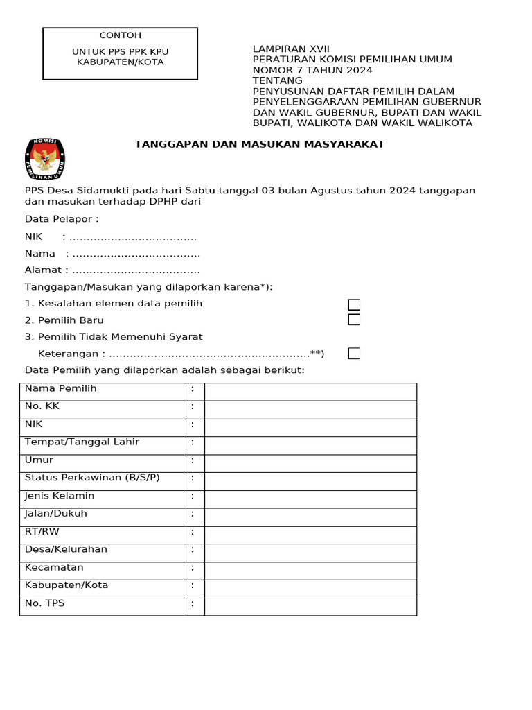 Formulir Tanggapan Masyarakat DPHP - PPS | PDF