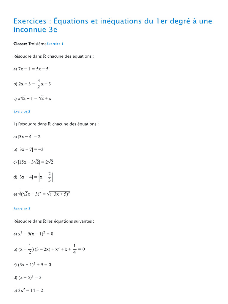 Exercices _ Équations Et Inéquations Du 1er Degré à Une Inconnue 3e | PDF