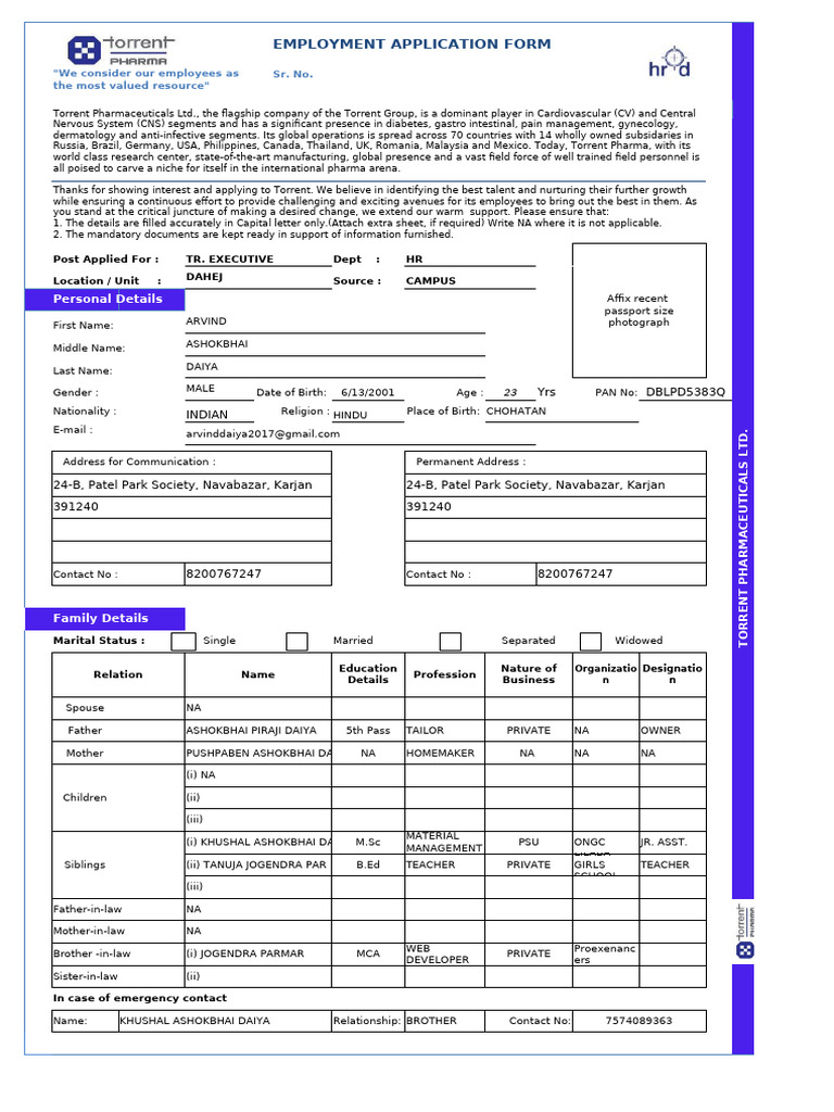 Arvind Employment Application Form | PDF
