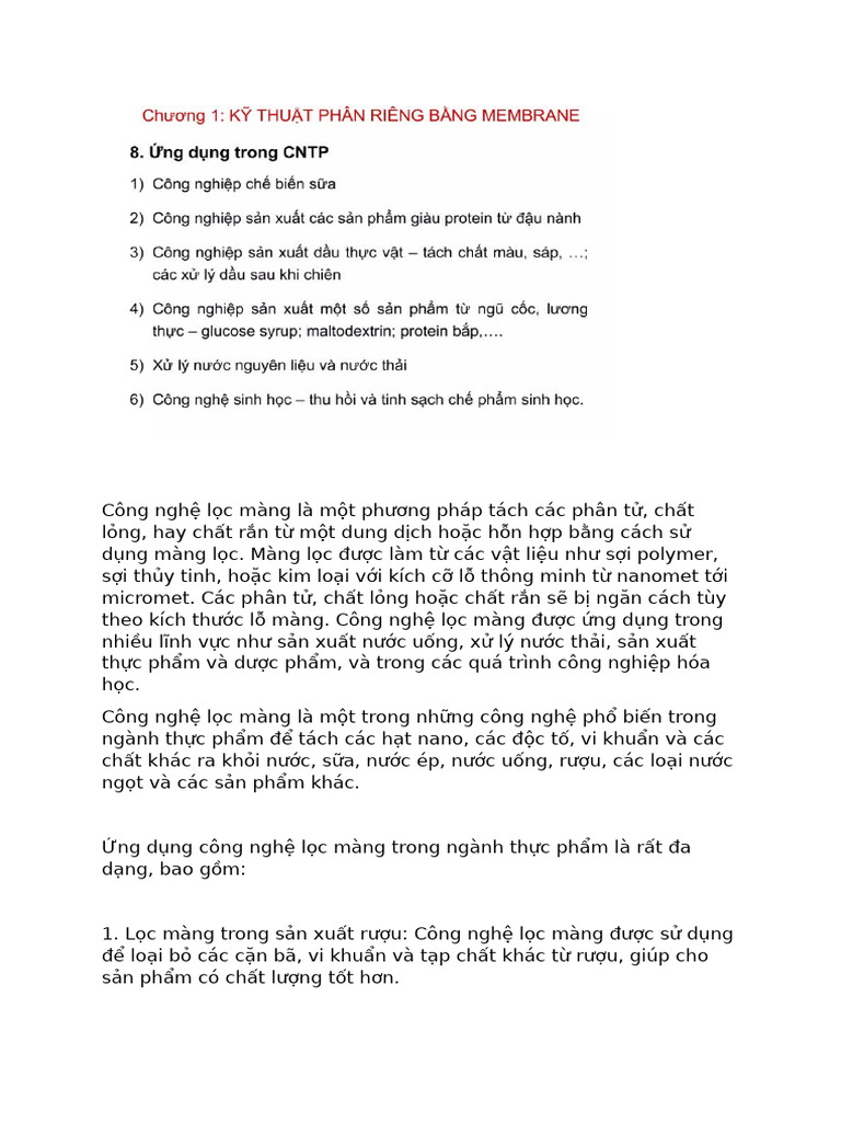 Ứng dụng phân riêng bằng màng trong CNTP word | PDF