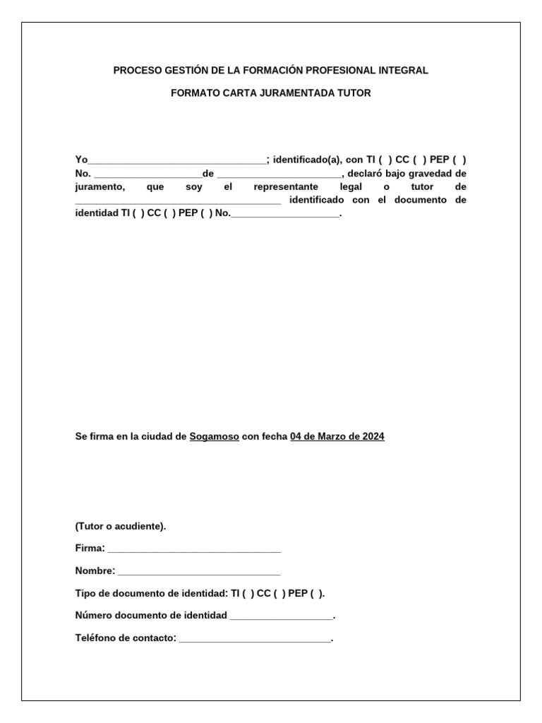 Formato Carta Juramentada Tutor (1) (2) | PDF