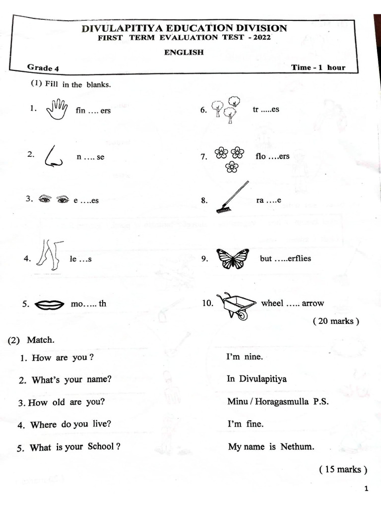 Grade 04 English First Term Test Paper 2022 Divulapitiya Education ...
