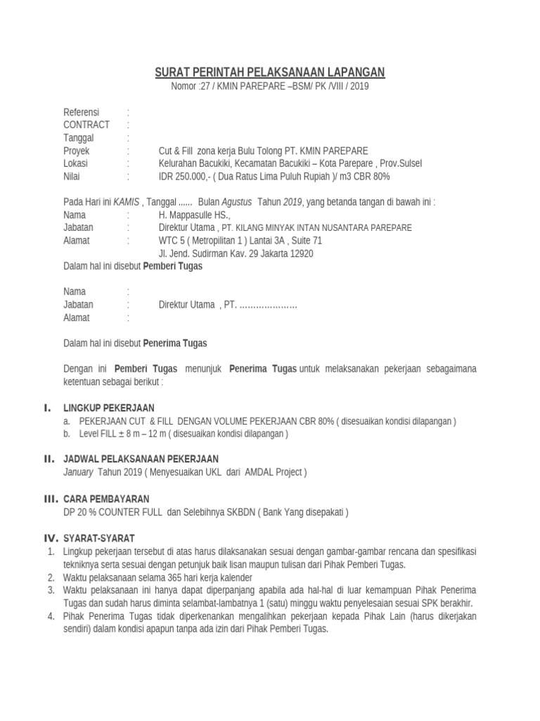 Surat Perintah Kerja Parepare | PDF