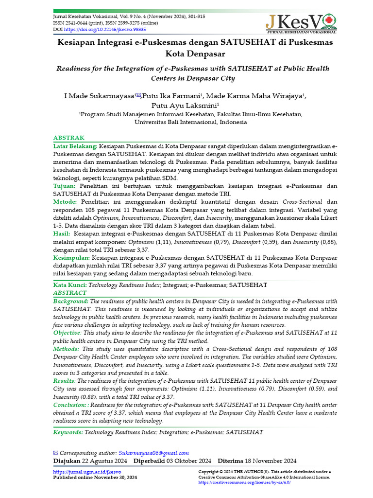Kesiapan Integrasi E-Puskesmas Dengan SATUSEHAT Di Puskesmas Kota Denpasar | PDF