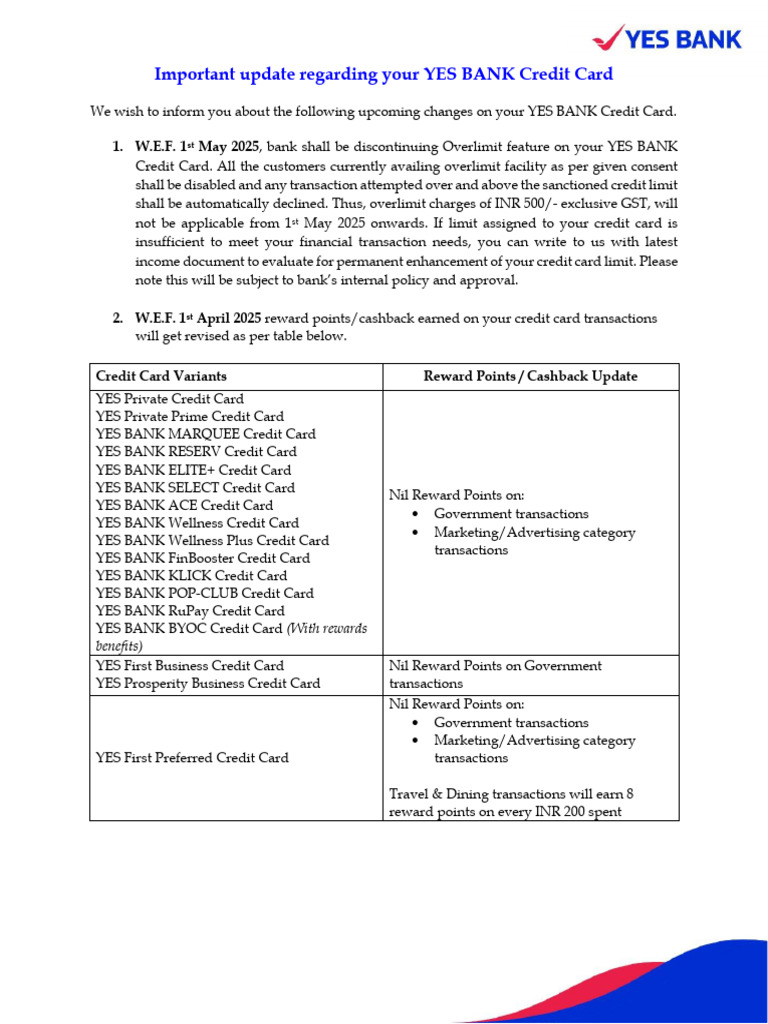 Ybl Yes Bank Important Update Regarding Your Yesbank Bank Credit Cards | PDF | Credit Card ...
