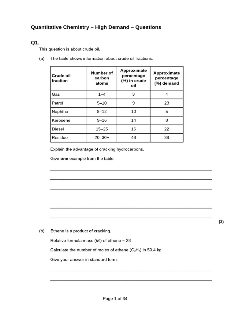 Quantitative Chemistry Questions on Hydrocarbons and Medicine | PDF ...