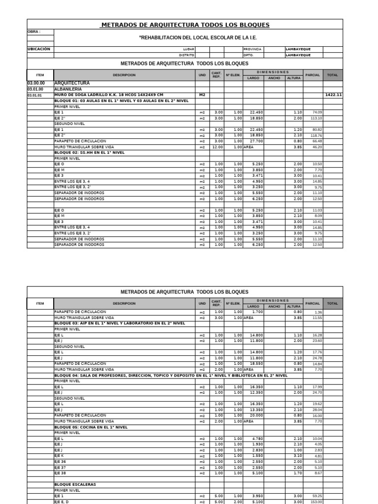 Metrados Arquitectura Colegio | PDF