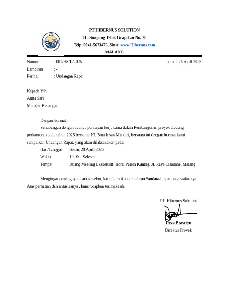 Undangan Rapat PT Hibernus Solution | PDF