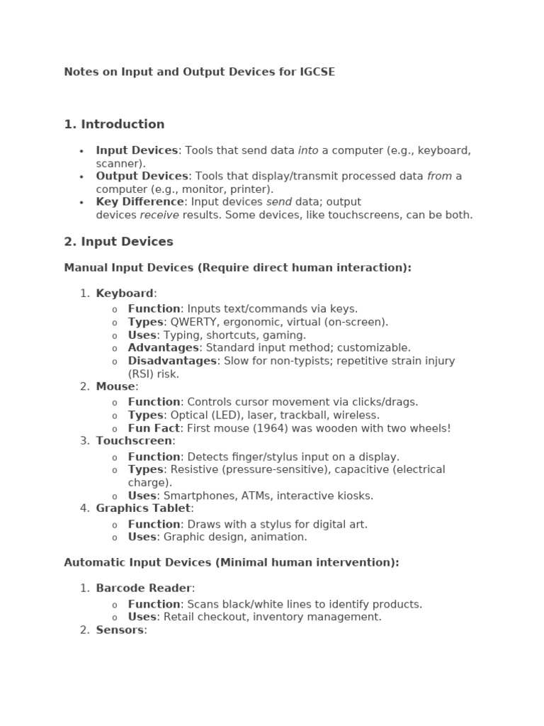 Notes On Input And Output Devices For Igcse Pdf Computer Keyboard 2903