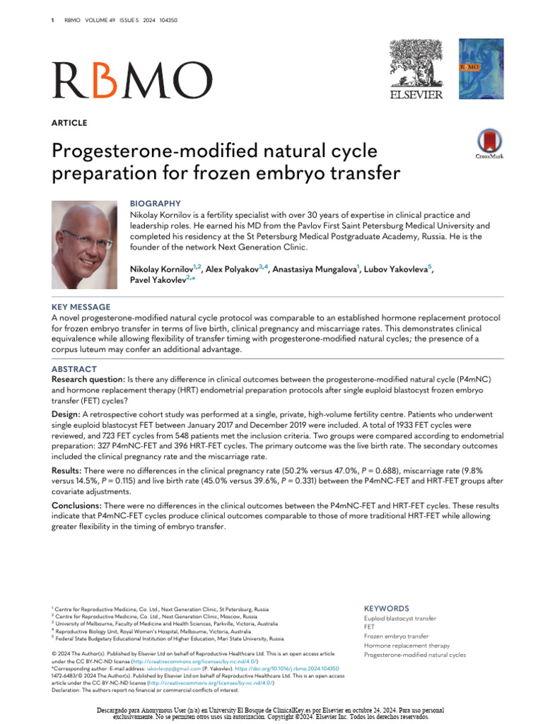 Progesterone-modified Natural Cycle Preparation for Frozen Embryo ...
