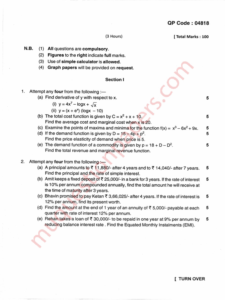 Fy Bcom, Maths QP | PDF