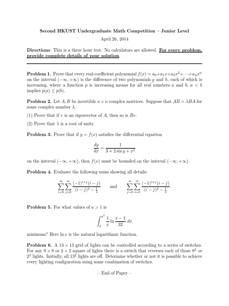 HKUST Math Competition Problems 2014 | PDF