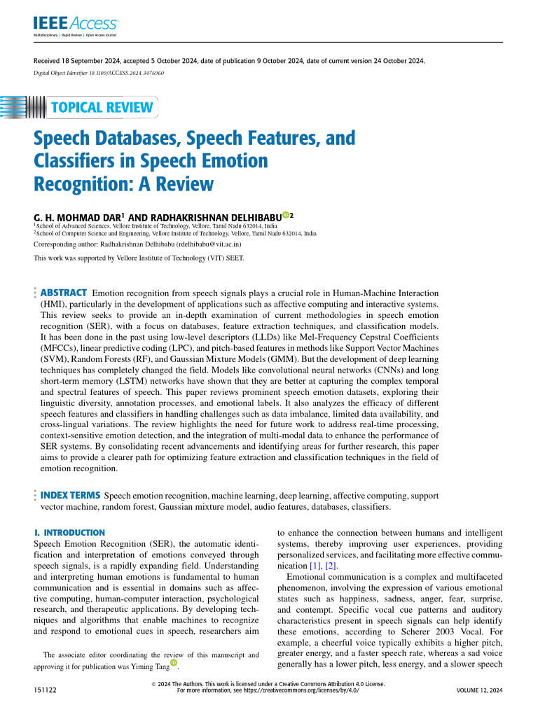 Speech Databases Speech Features and Classifiers in Speech Emotion Recognition a Review | PDF ...