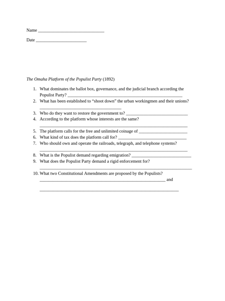 The Omaha Platform of The Populist Party (1892) Questions | PDF
