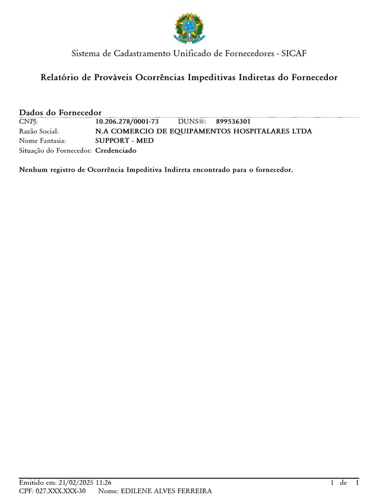 Sistema de Cadastramento Unificado de Fornecedores - SICAF | PDF