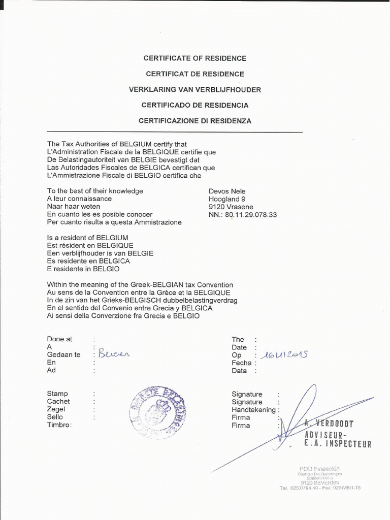 Tax Residence Certificate | PDF