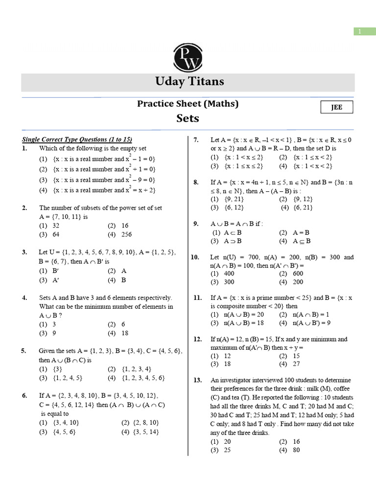 Sets - Practice Sheet - Uday Titans | PDF