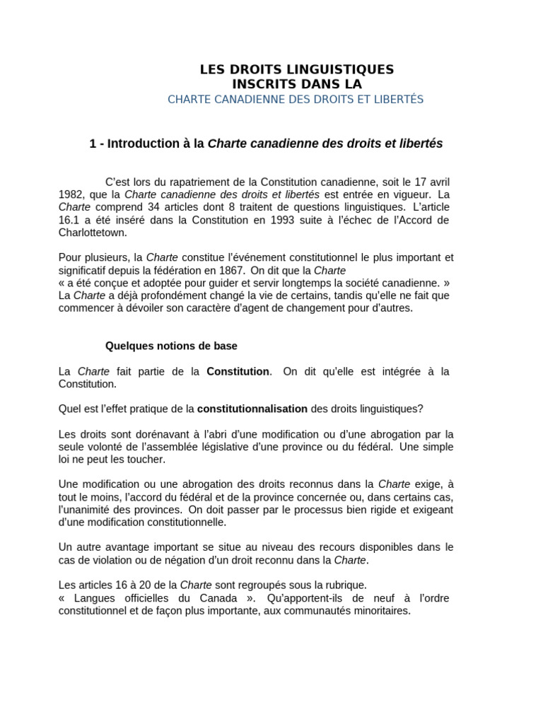 Droits linguistiques dans la Charte canadienne | PDF | Loi | Droit ...