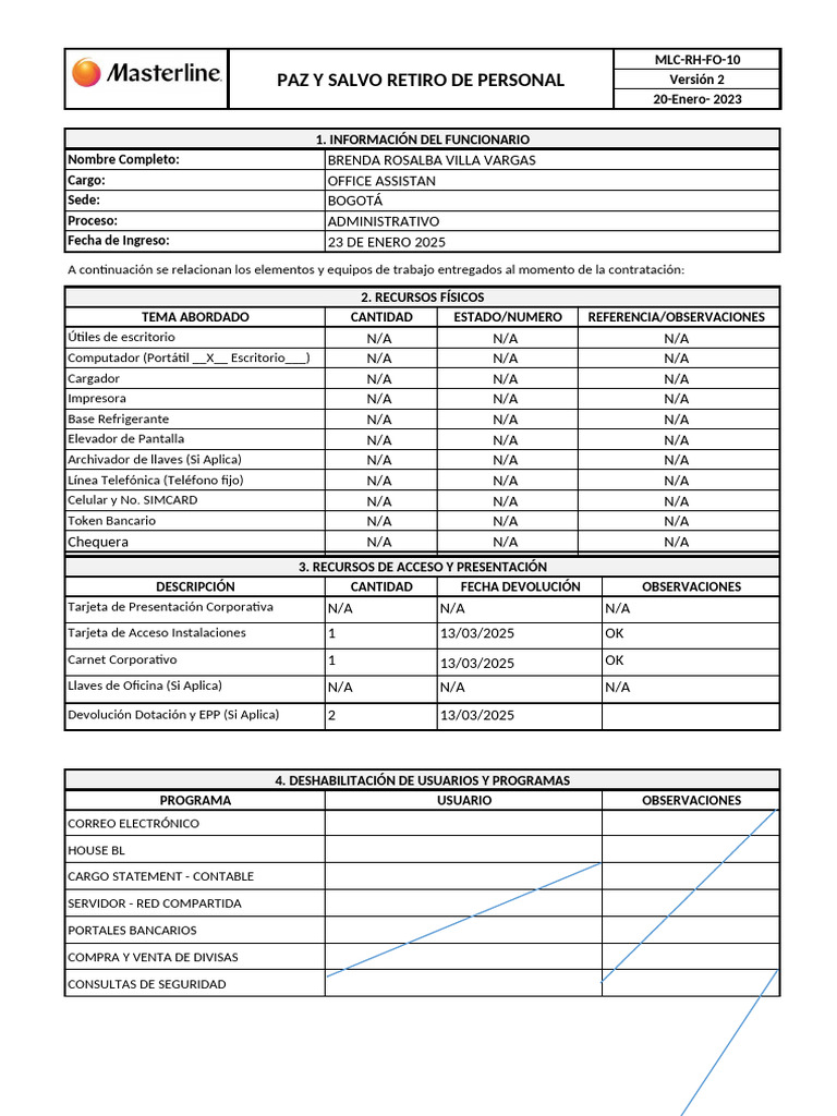 Paz y Salvo Retiro Personal | PDF | Ciencias de la Computación | Tecnologías de la información