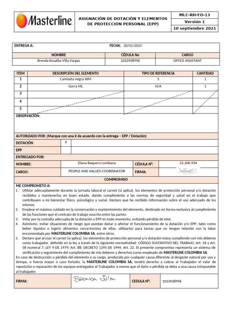 Entrega Dotacion y EPP | PDF