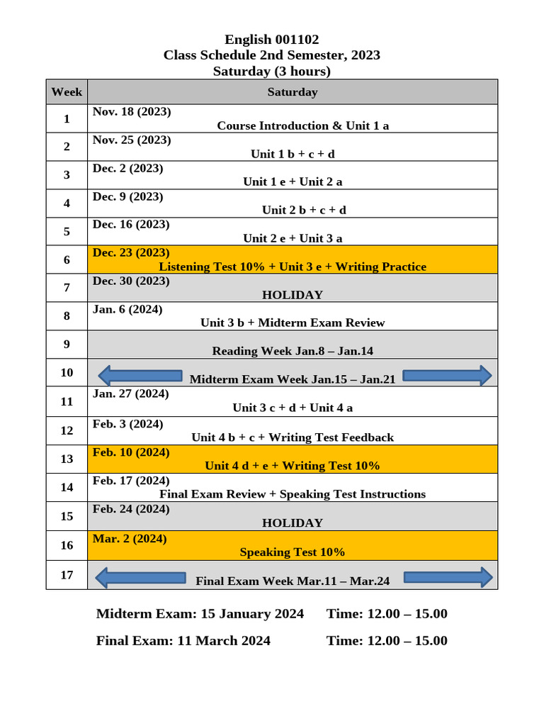 English 001102 Class Schedule 2023 | PDF