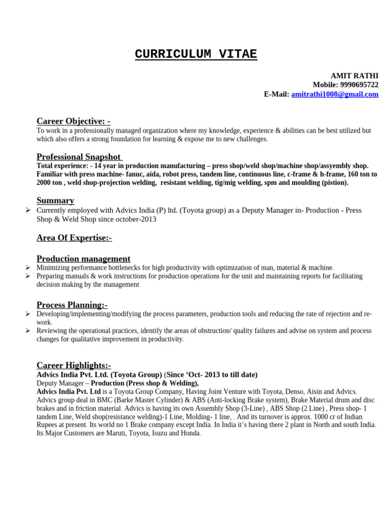 Amit Rathi's Production Manager CV | PDF