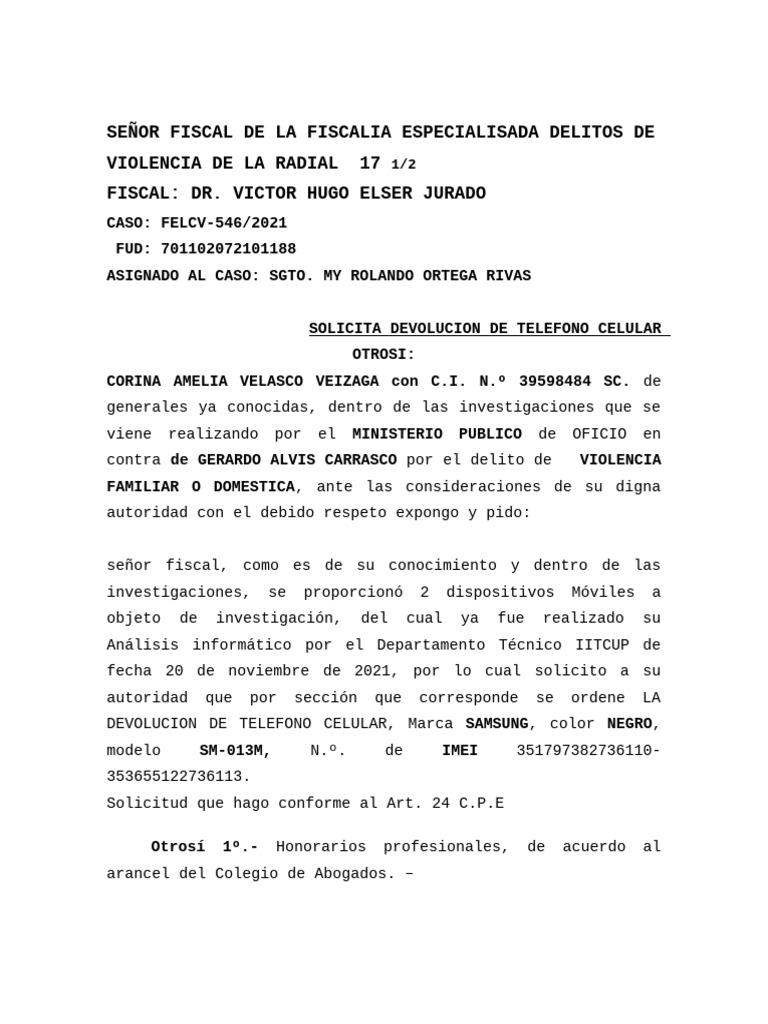 Solicita Devolucion de Celular Corina Velasco | PDF