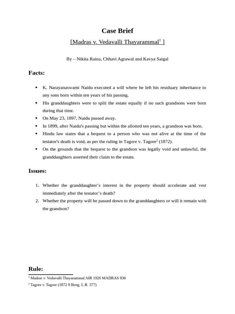 Madras v. Vedavalli Thayarammal | PDF | Will And Testament | Inheritance