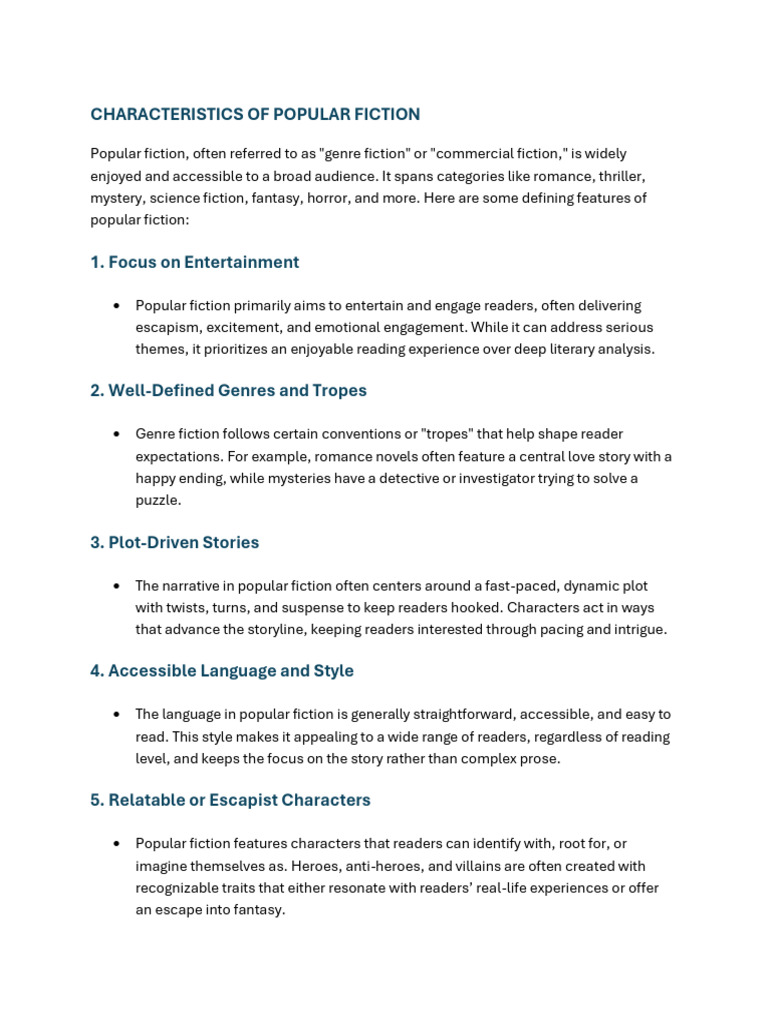 Characteristics of Popular Fiction | PDF | Thriller (Genre) | Romance ...