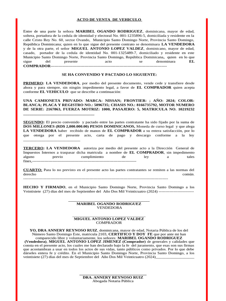 Acto de Venta de Camioneta Nissan 2024 | PDF | República Dominicana