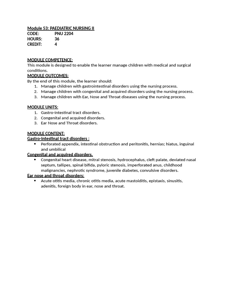 Module 53 PAEDIATRIC NURSING II | PDF