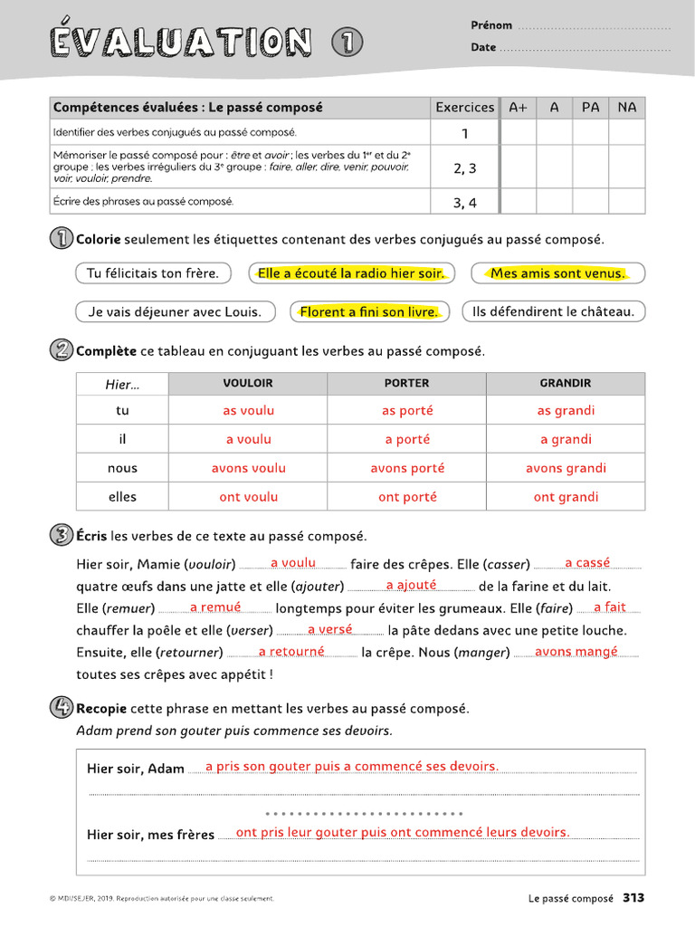 Correction Evaluation Passe Compose | PDF