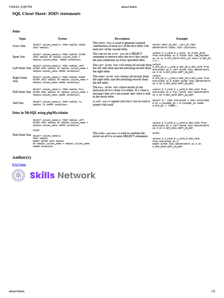 SQL Cheat Sheet JOIN Statements | PDF | Databases | Sql