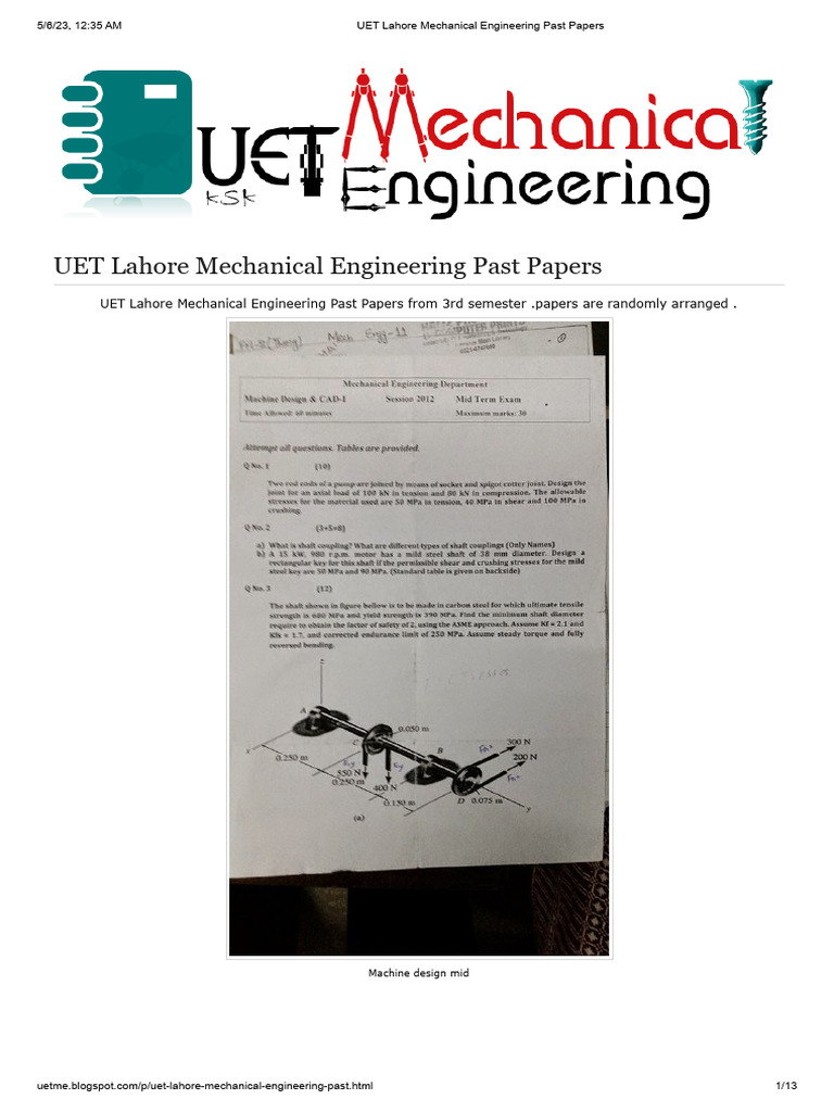 UET Lahore Mechanical Engineering Past Papers | PDF | Mechanical ...