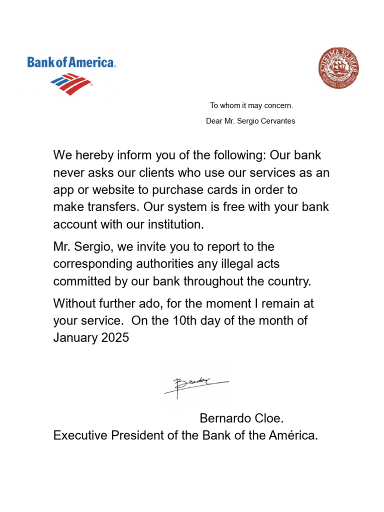 Bank of America letter | PDF