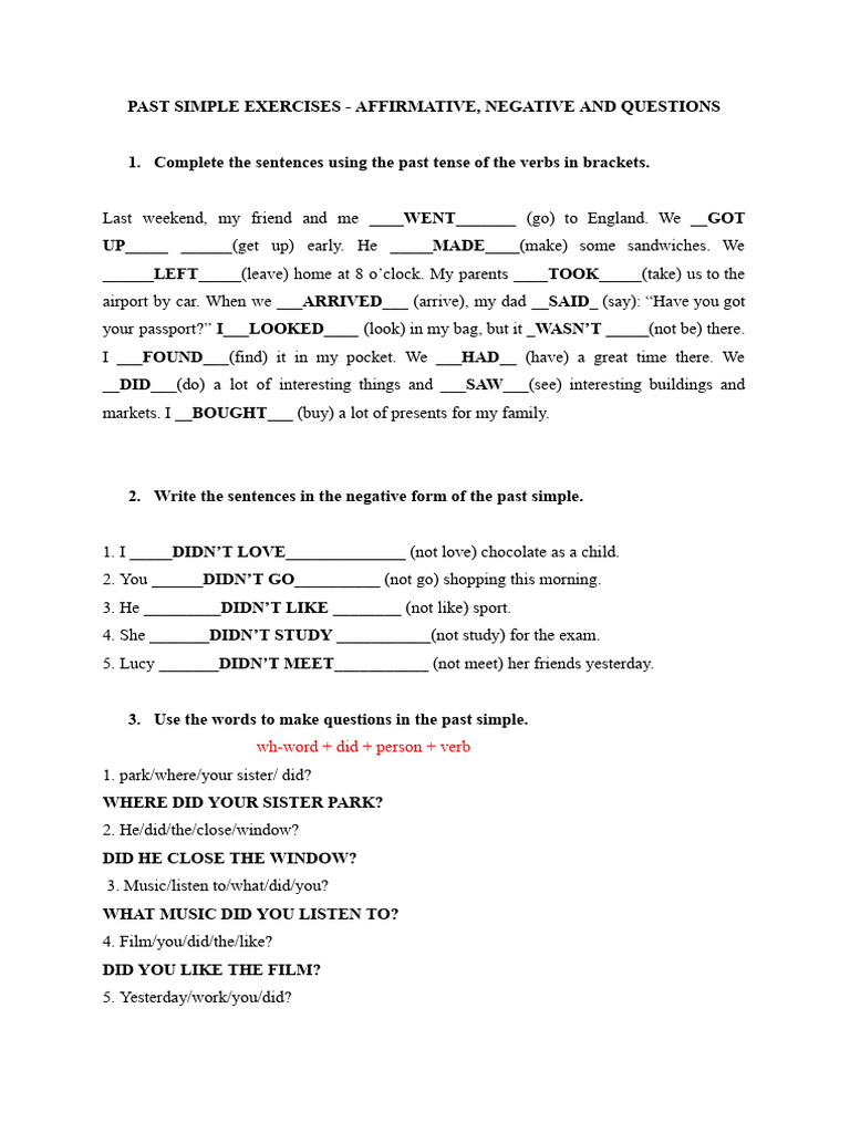 Past Simple Exercises - Affirmative, Negative and Questions | PDF ...