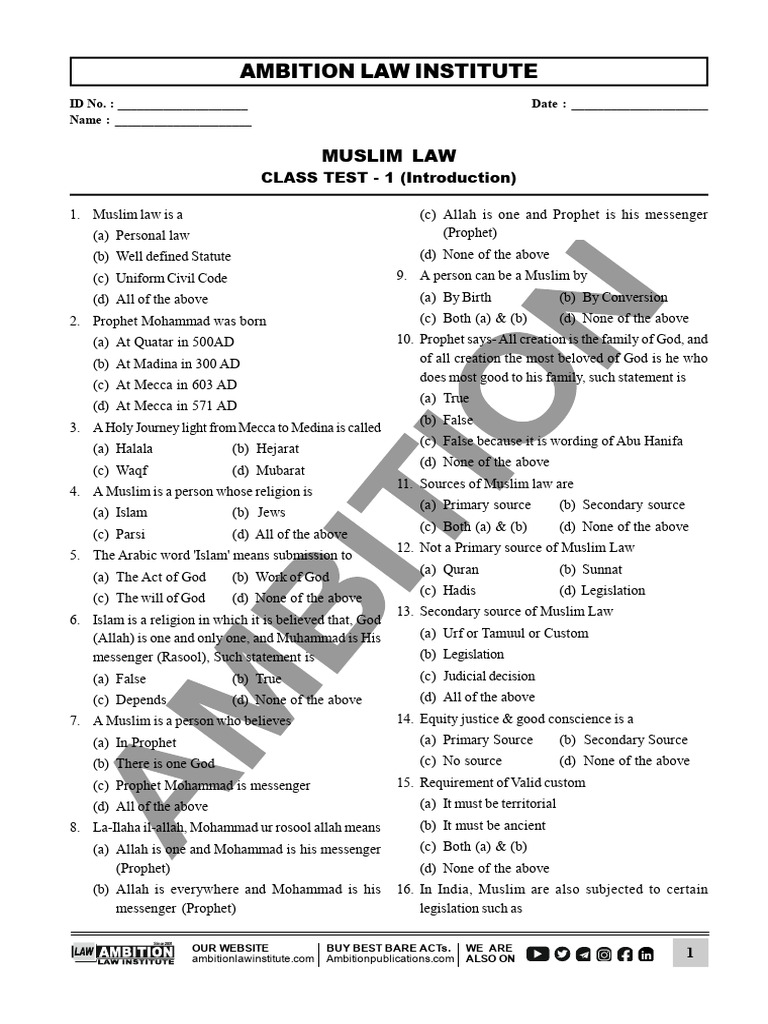 Muslim Obj. Test-1 (Introduction) (QS) | PDF | Prophets And Messengers ...