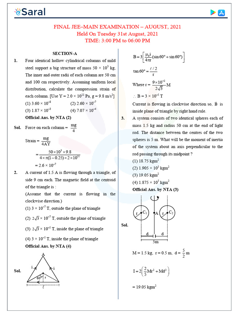 JEE-Main Exam Solutions August 2021 | PDF | Frequency Modulation ...