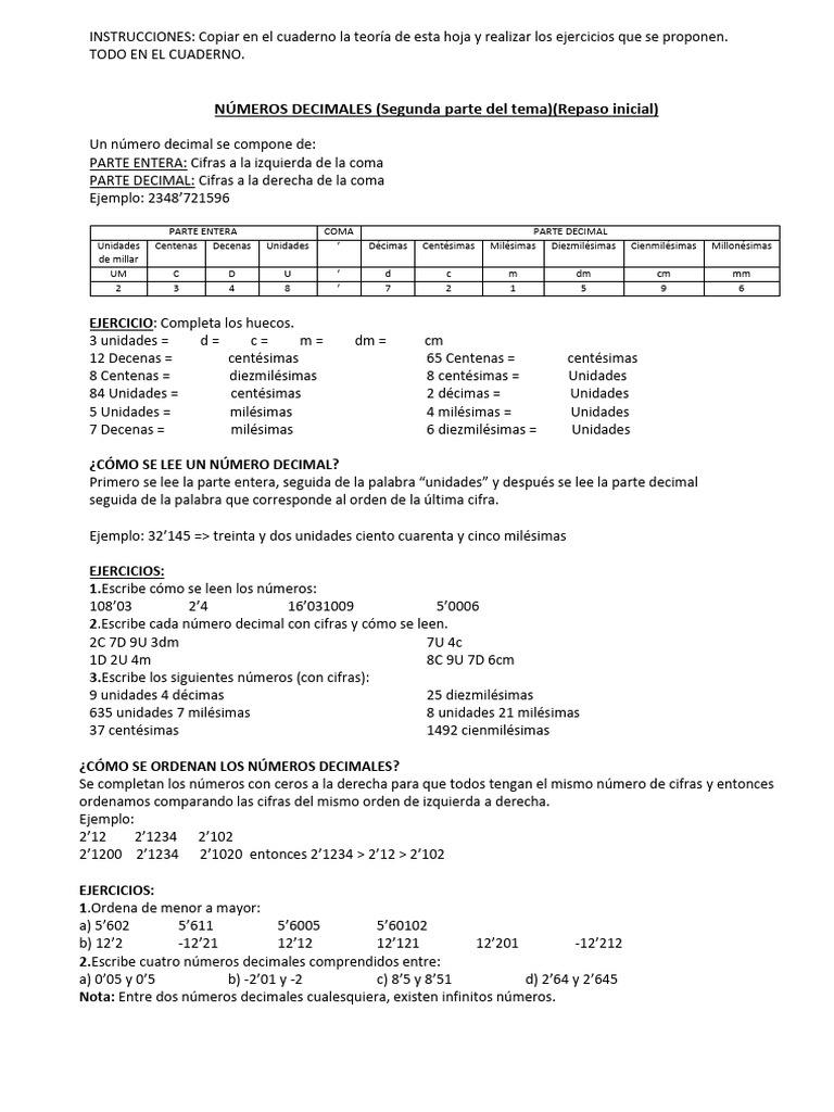 Decimales 1 (Repaso Inicial) - 100936 | PDF | Aritmética | Números