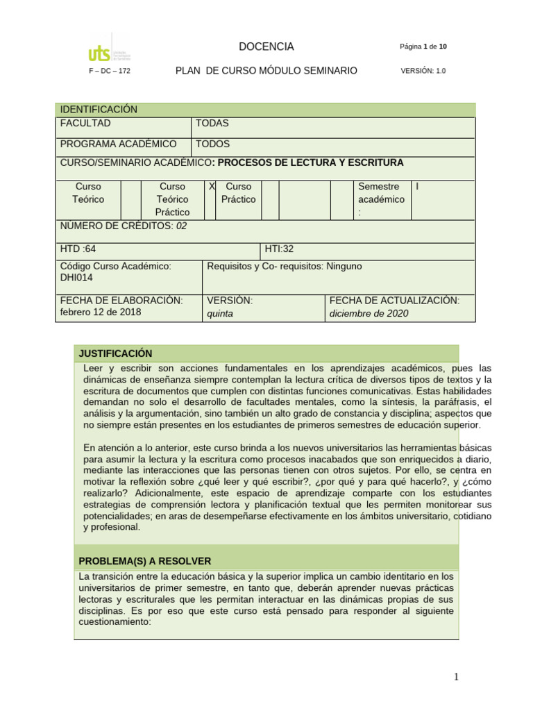 Plan de Curso de Procesos de Lectura y Escritura | PDF | Evaluación ...