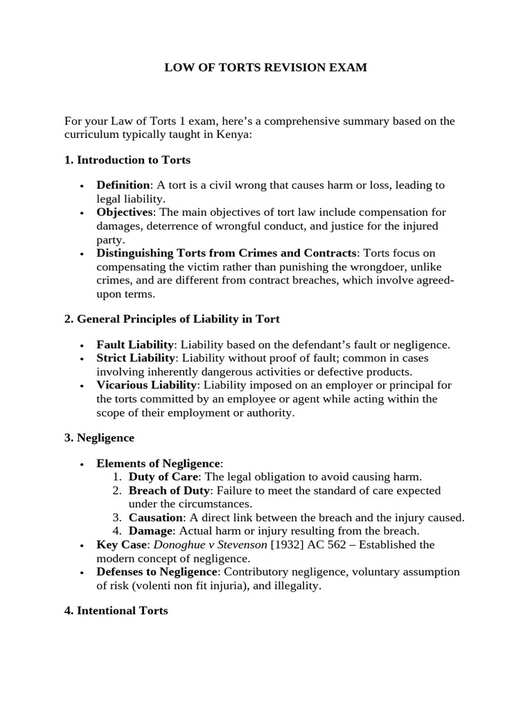 Law of Torts 1 Exam Revision | PDF | Negligence | Tort