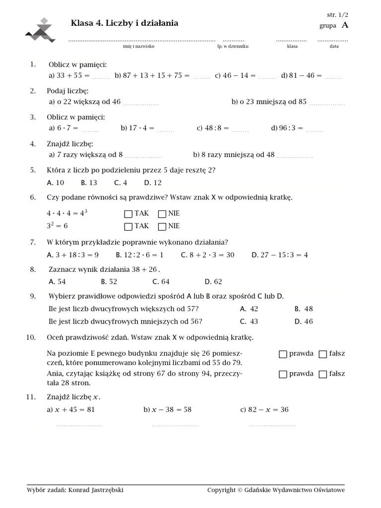 Matematyka Z Plusem Klasa 4 Sprawdzian Liczby I Działania | PDF