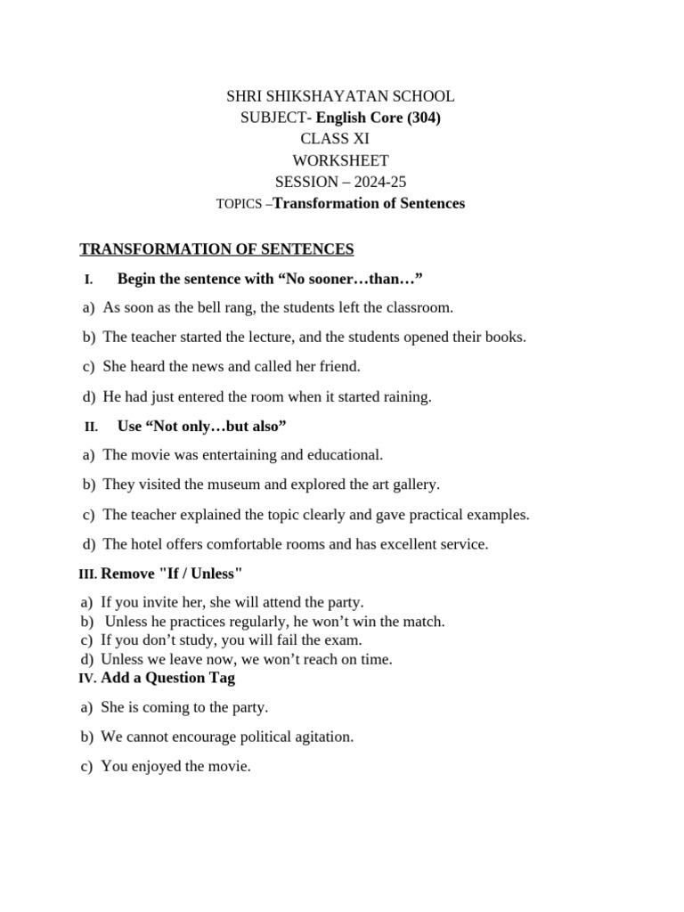 Transformation of Sentences Class 11 Worksheet 2024 | PDF | Sentence (Linguistics)