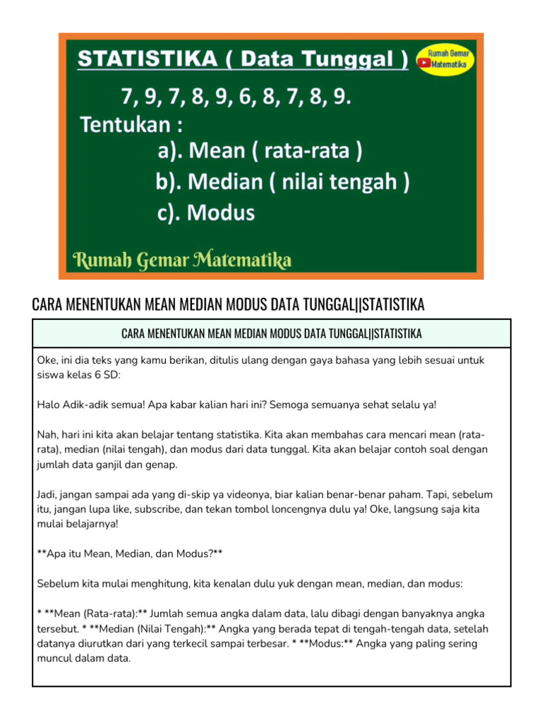 Cara Menentukan Mean Median Modus Data Tunggal__statistika | PDF
