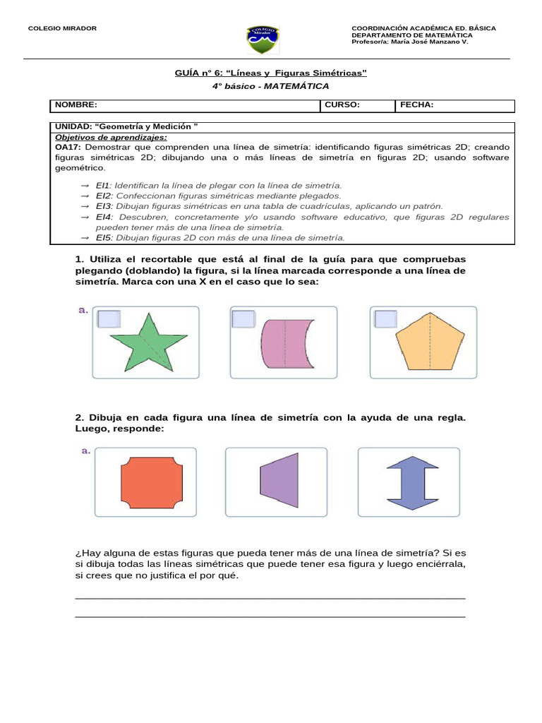 Guía 6 Líneas y figuras Simétricas | PDF | Simetría | Geometría