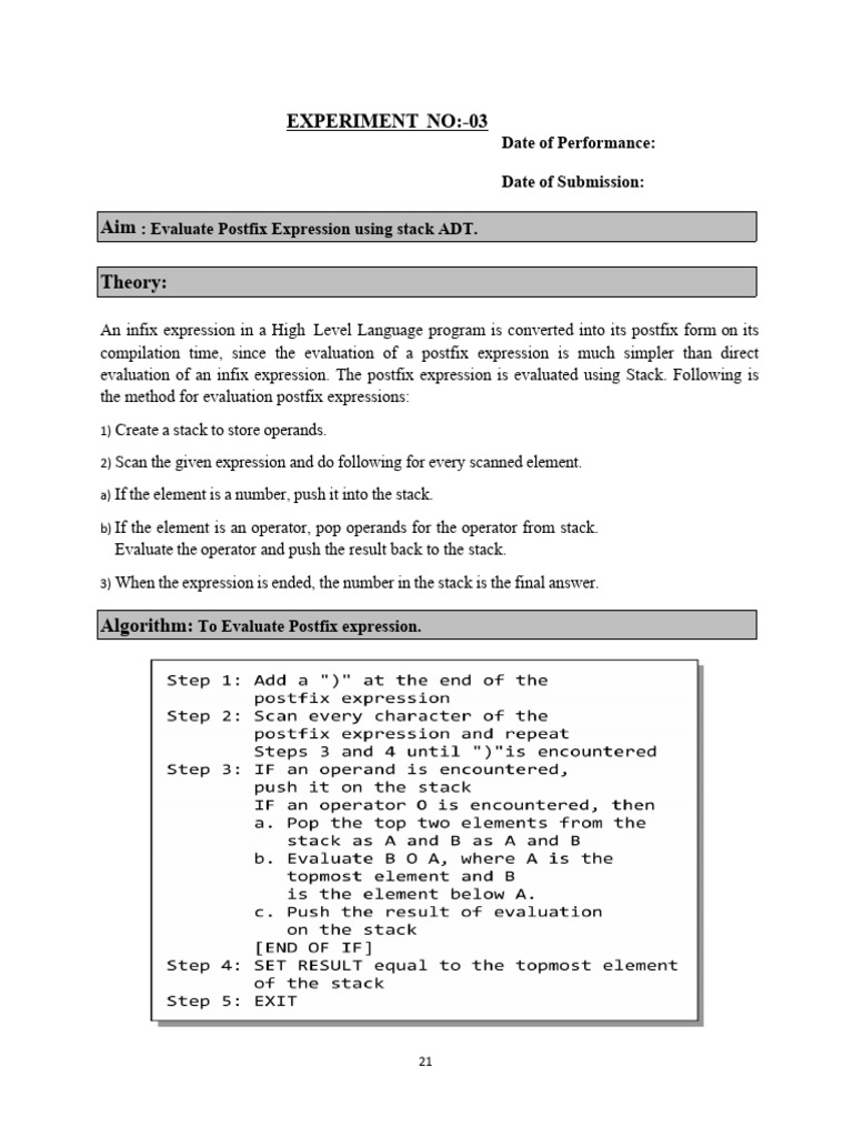 Experiment No:-03: Date of Performance: Date of Submission:: Evaluate Postfix Expression Using ...