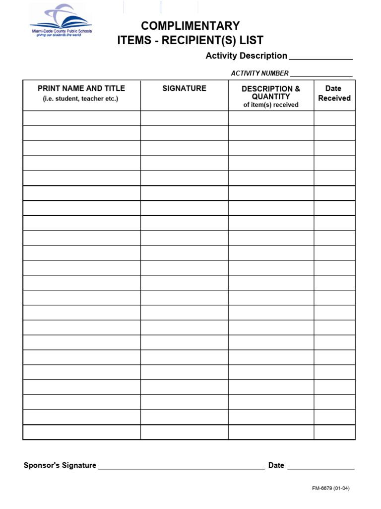 Complimentary Items Form | PDF