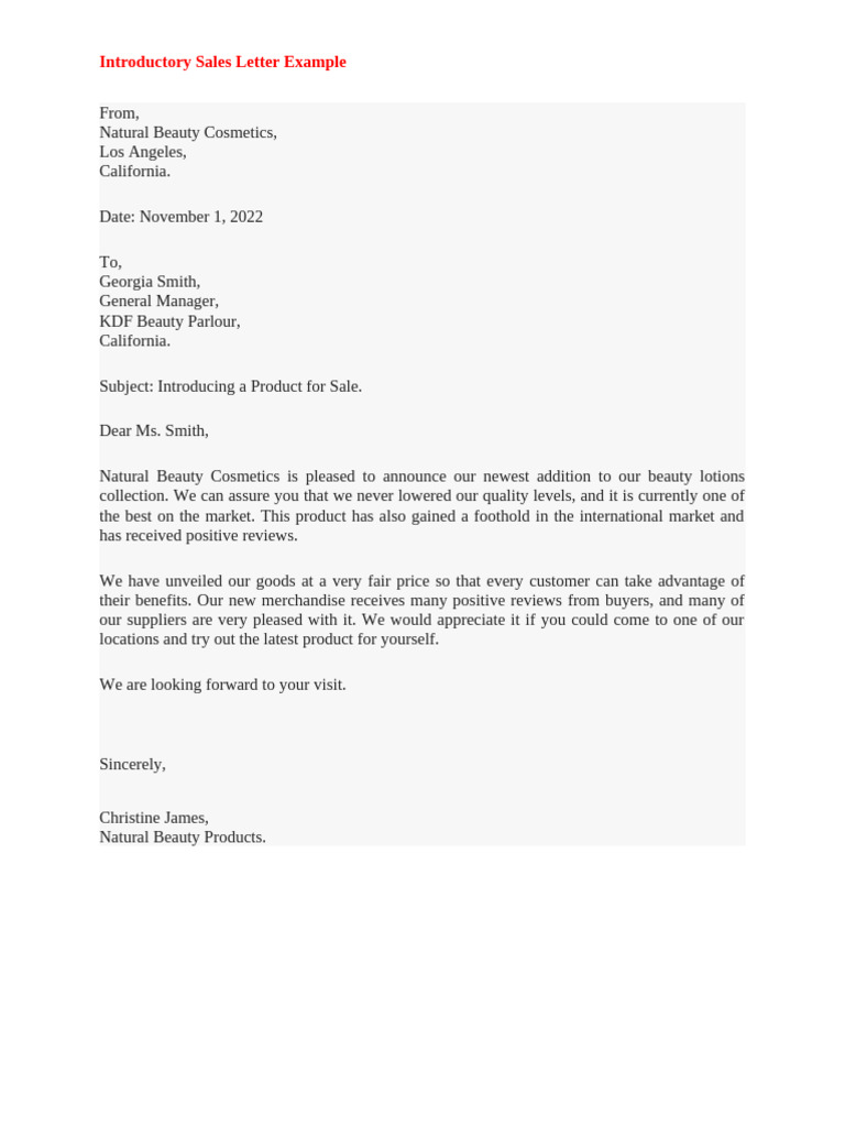 Introductory Sales Letter for Lotion | PDF